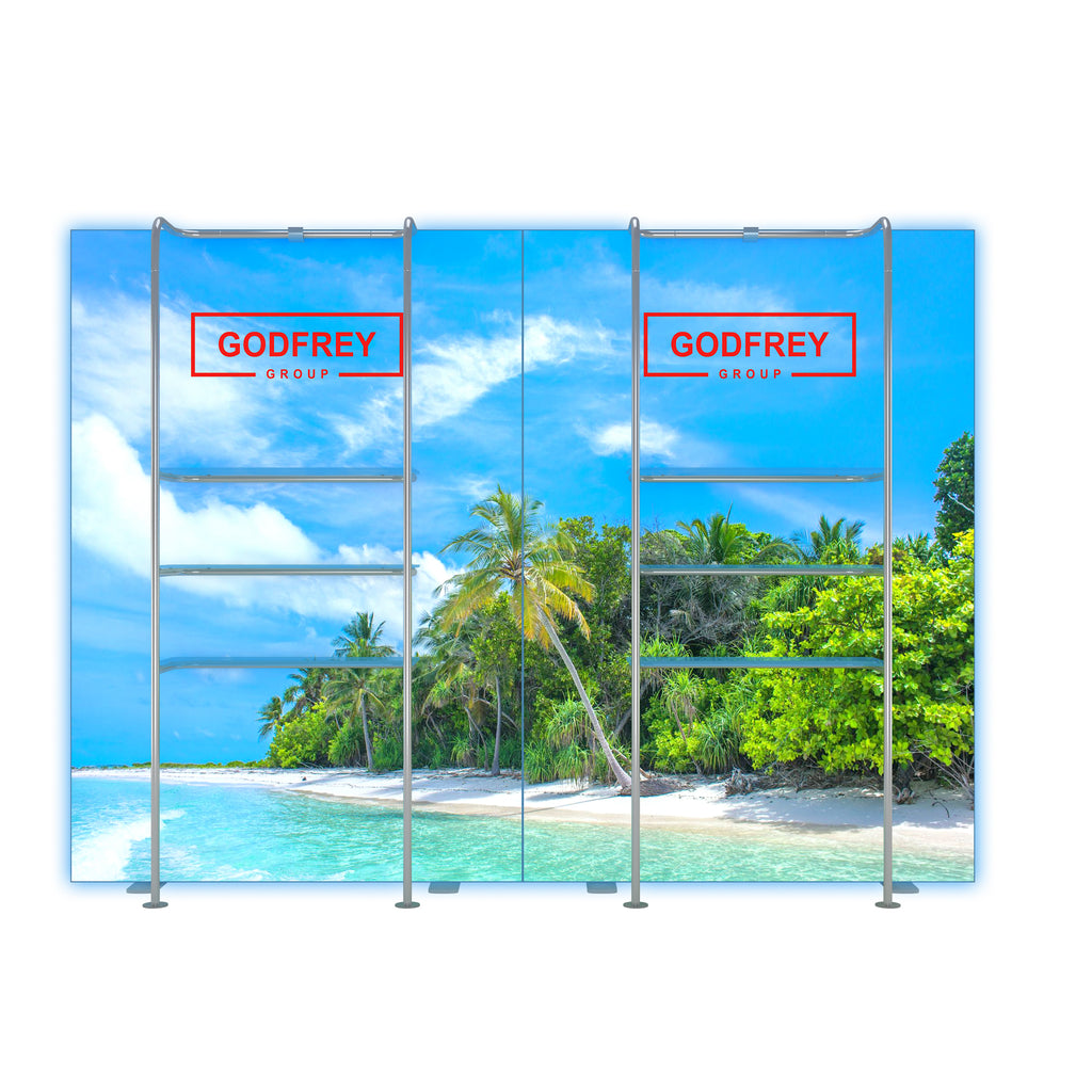 Modular Backlit 10x10 Kit With Two Shelving Fixtures | Godfrey Group