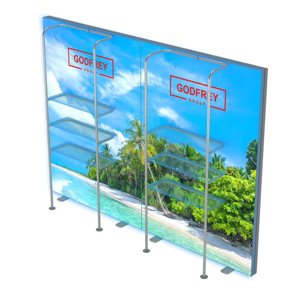 Modular Backlit 10x10 Kit With Two Shelving Fixtures | Godfrey Group