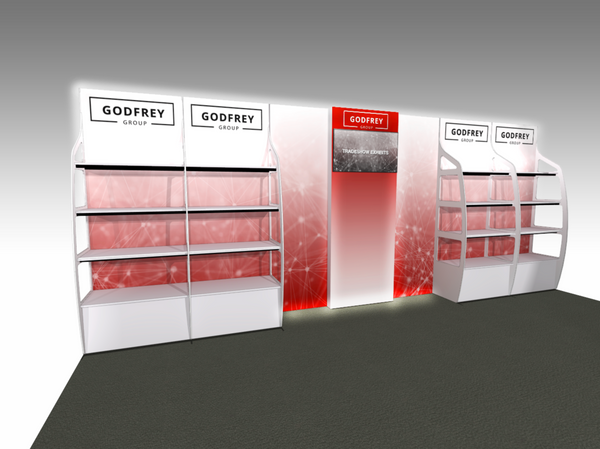 20' Backlit OutRigger II Shelf Display With Monitor Mount | Godfrey Group