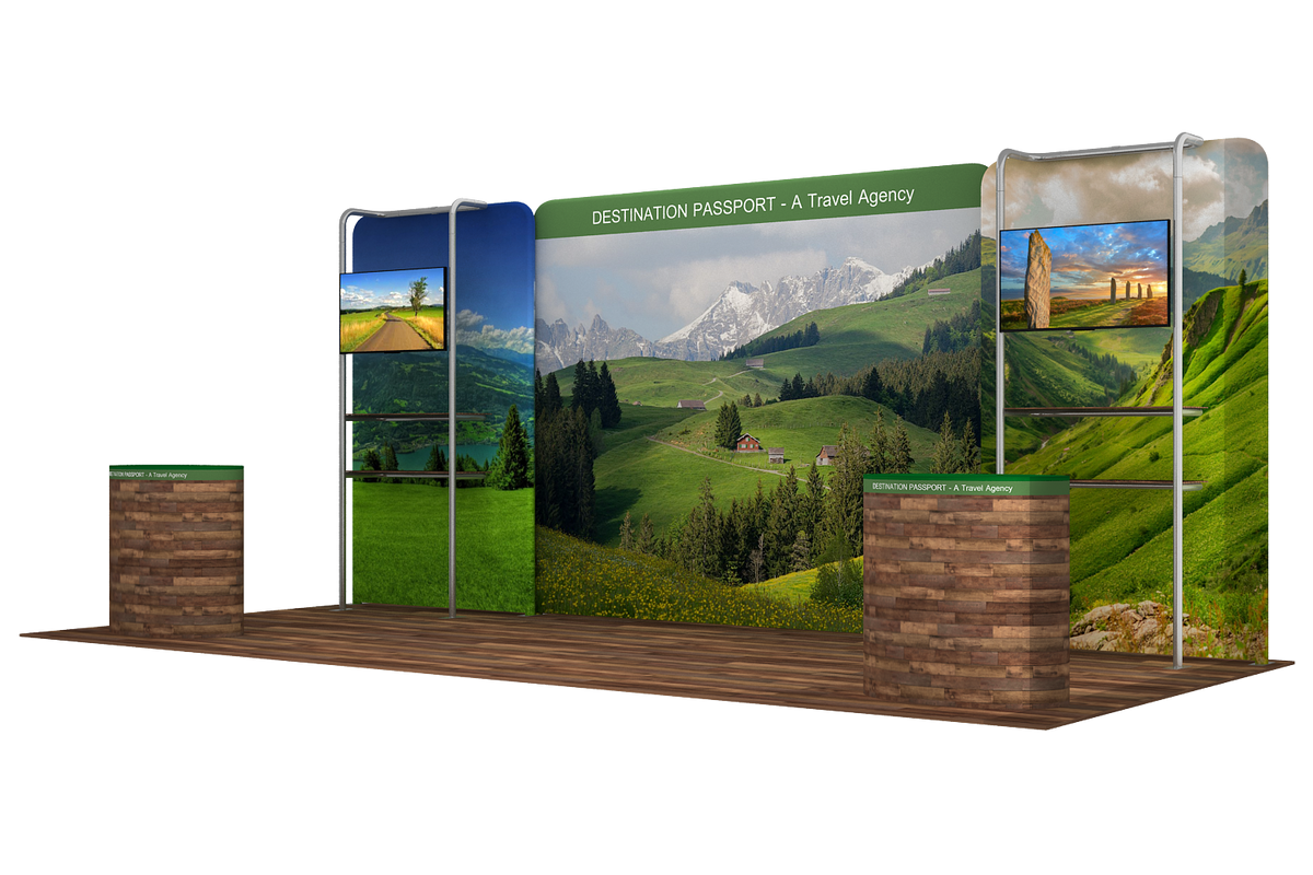 20' Tensioned Fabric Trade Show Display Backwall With Two Shelf & Moni ...